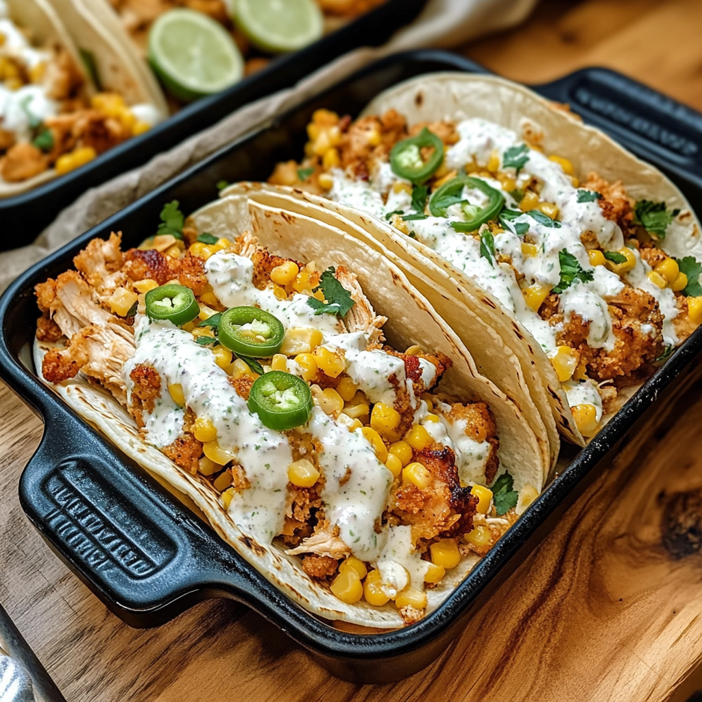 Fried Chicken Street Corn Tacos with Jalapeno Lime Ranch – Crispy Savors